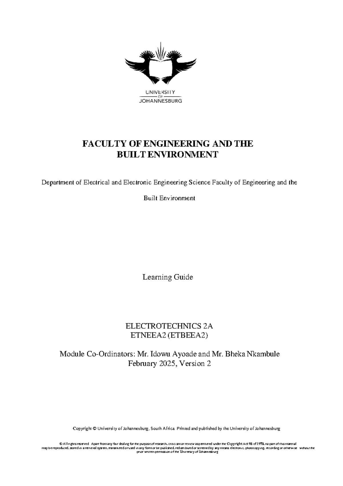 Electrotechnics 2A ETNEEA2 Study Guide - Module Overview and Details ...