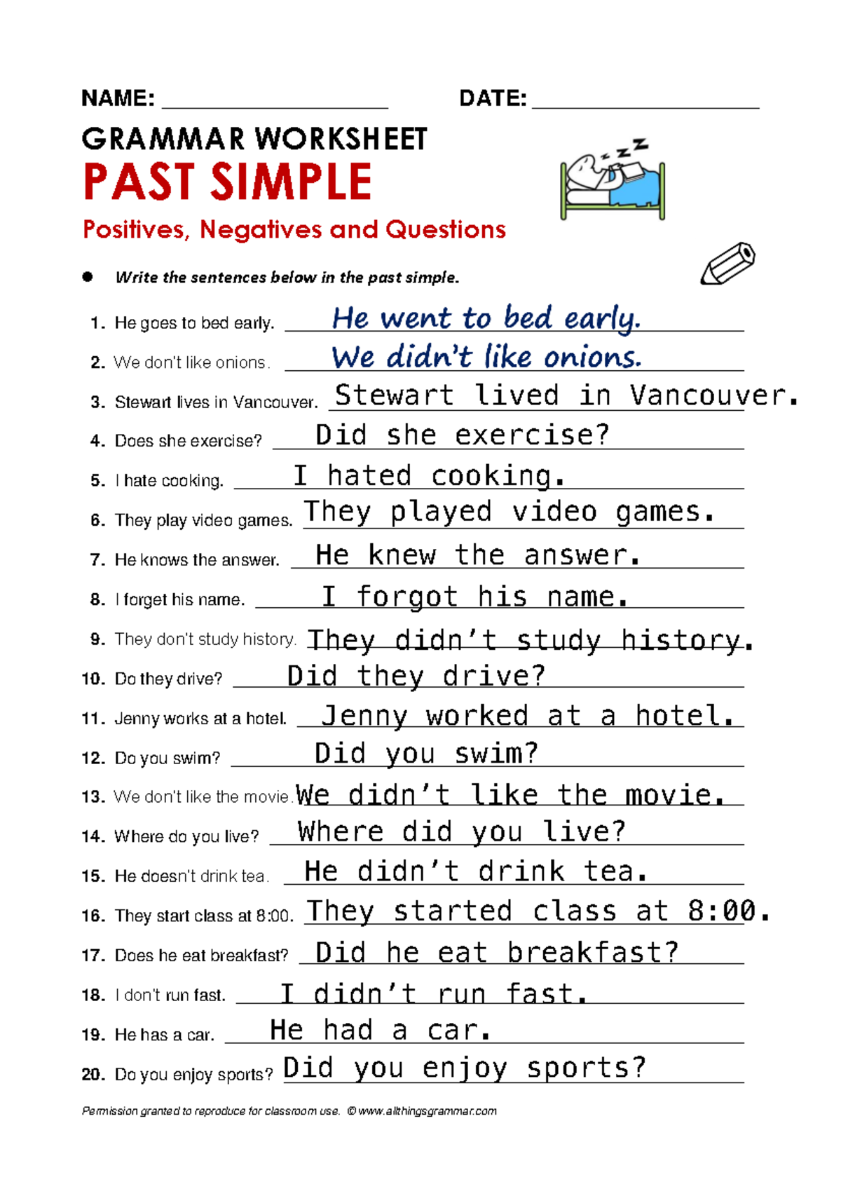 Past Simple Grammar Worksheet - Cuestionario Resuelto - Studocu