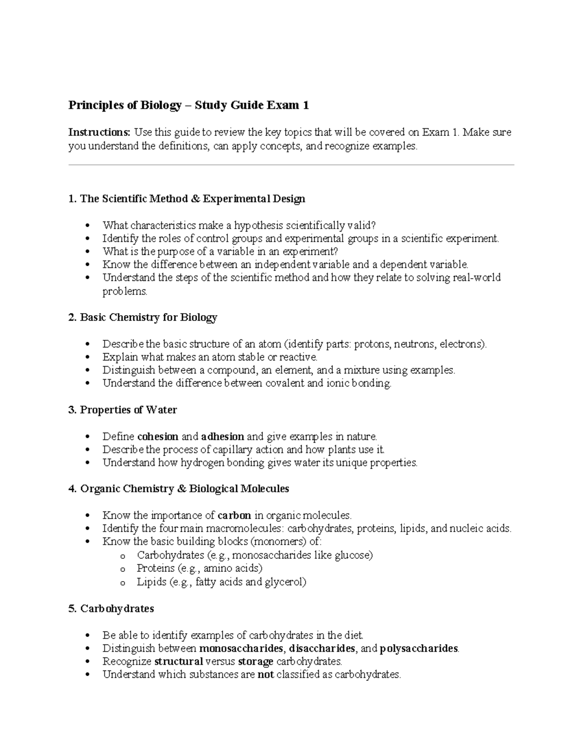 Biology 101 - Study Guide for Exam 1: Key Concepts and Topics - Studocu