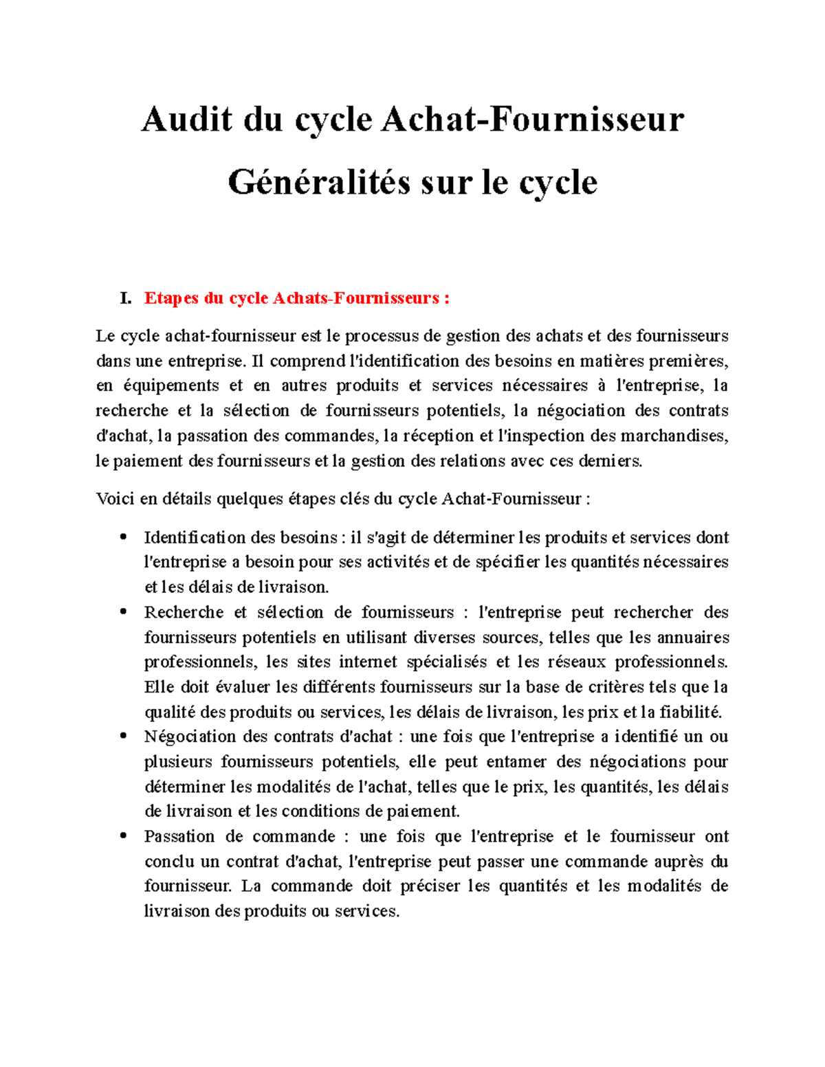 Généralités sur le cycle Achat Fournisseur - Audit du cycle Achat ...
