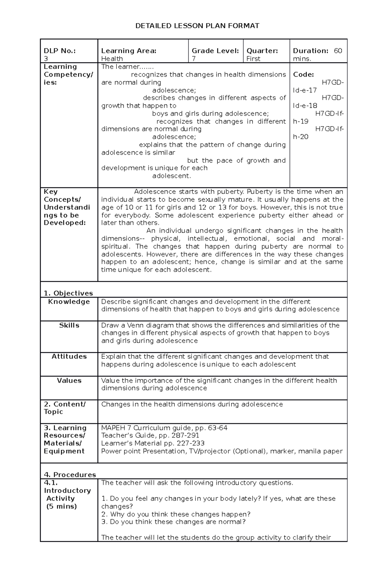 DLP 3: Detailed Lesson Plan on Health Changes in Adolescence - MAPEH 7 ...