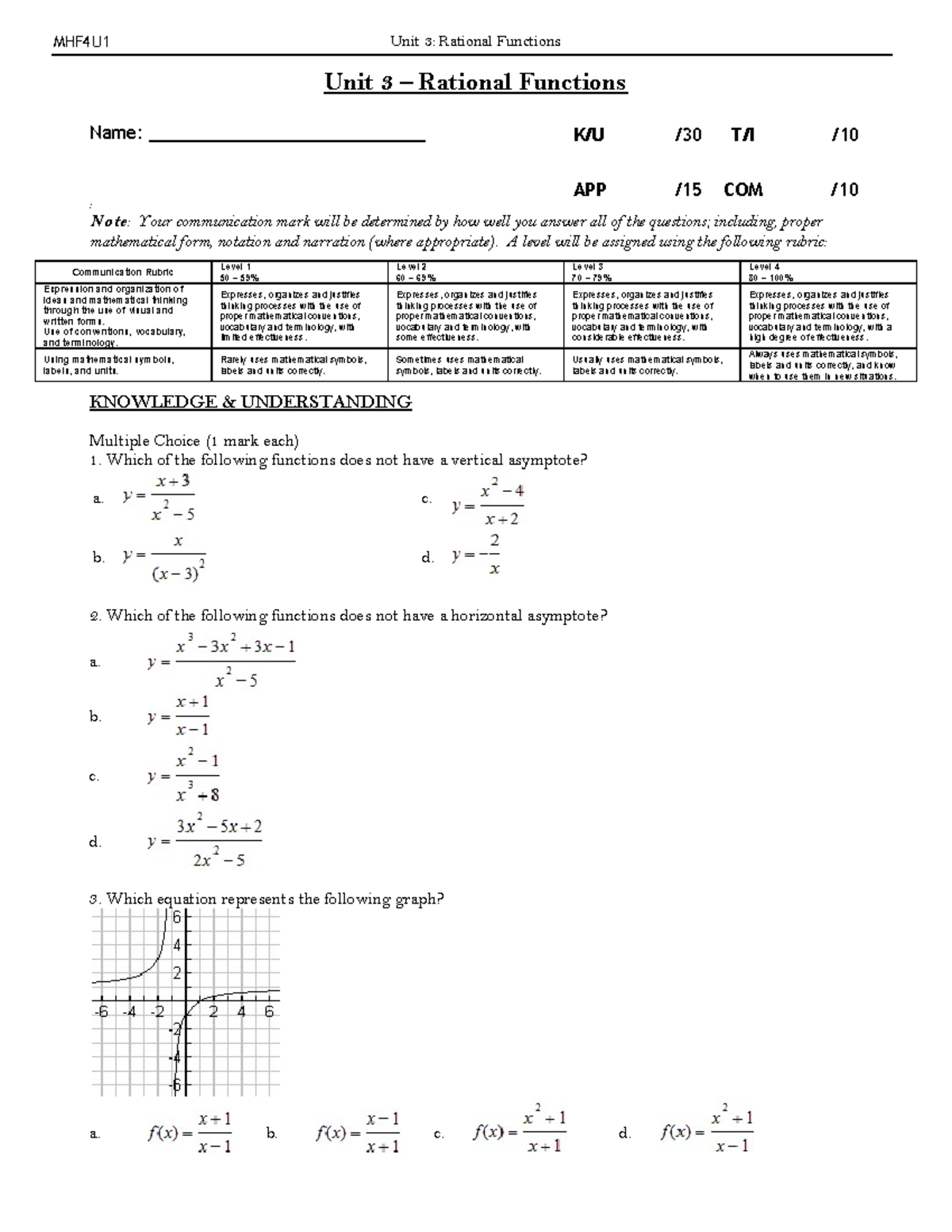 3.T - Rational Functions Test - MHF4U1 Unit 3: Rational Functions Unit ...