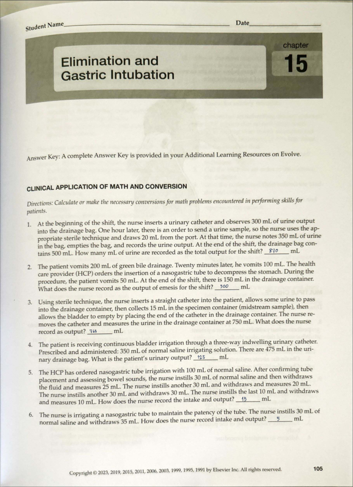Chapter 15: Elimination and Gastric Intubation - Answer Key & Clinical ...