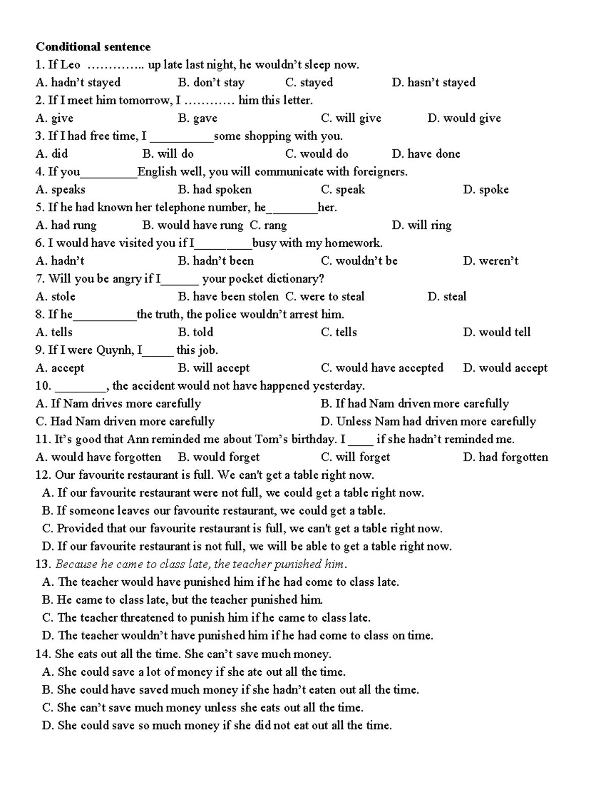 Conditional sentences practice exercises - CAU DIEU KIEN BT STD - Studocu