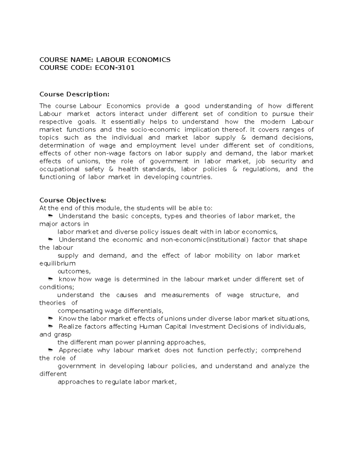 Labour Economics Course Outline - ECON-3101 Overview and Objectives ...
