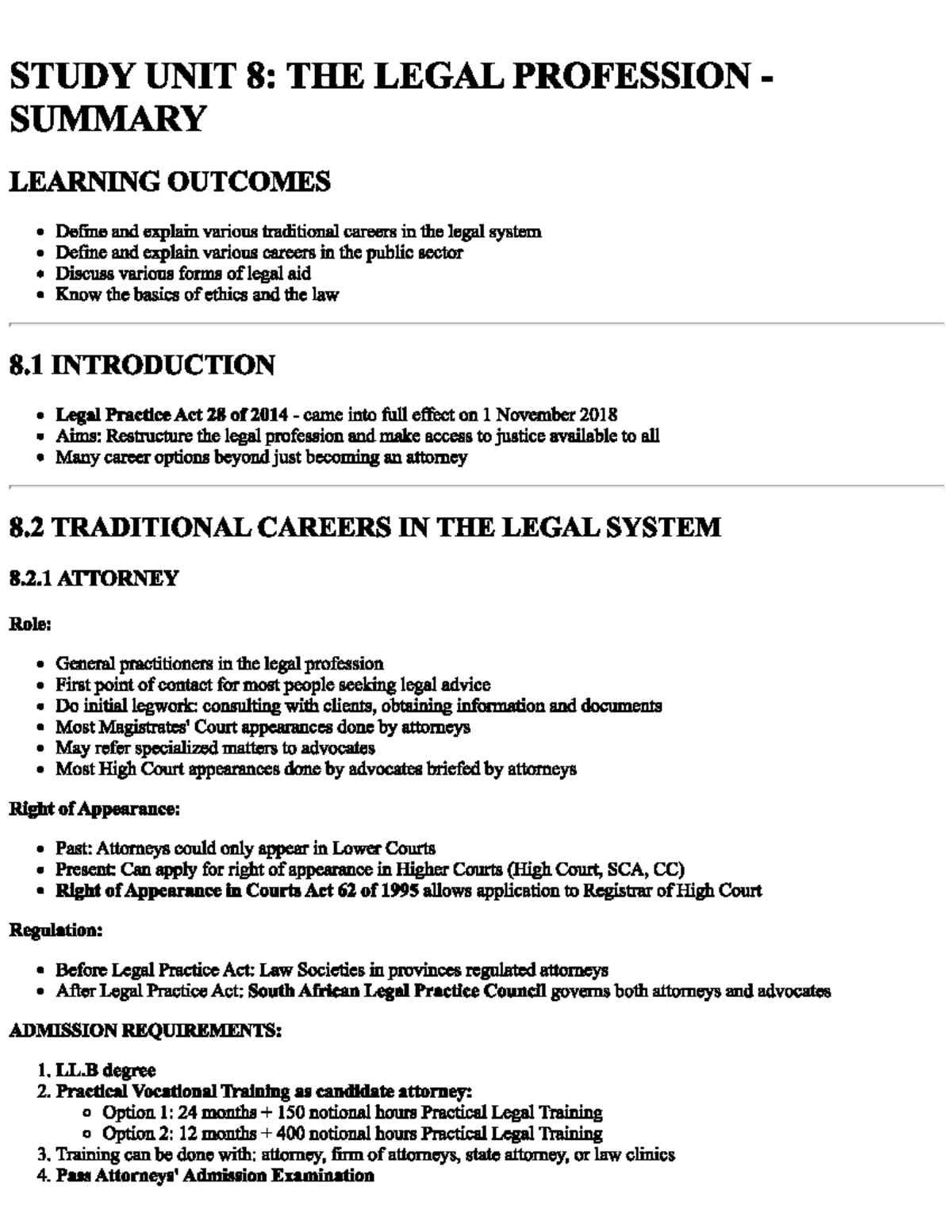Legal Profession Overview: Careers, Ethics & Legal Aid (Study Unit 8 ...