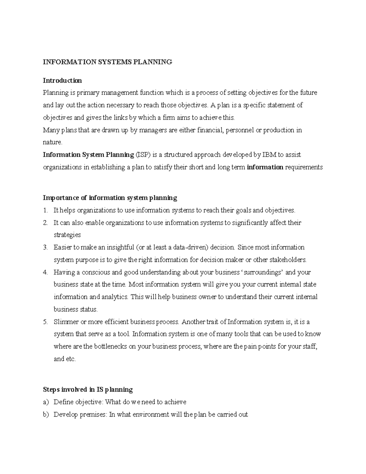 MIS 401: Information Systems Planning Overview and Importance - Studocu