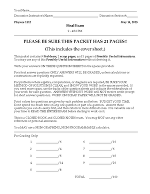 [Solved] Physics 1 final exam - Physics I: Mechanics (PHYS 1112) - Studocu