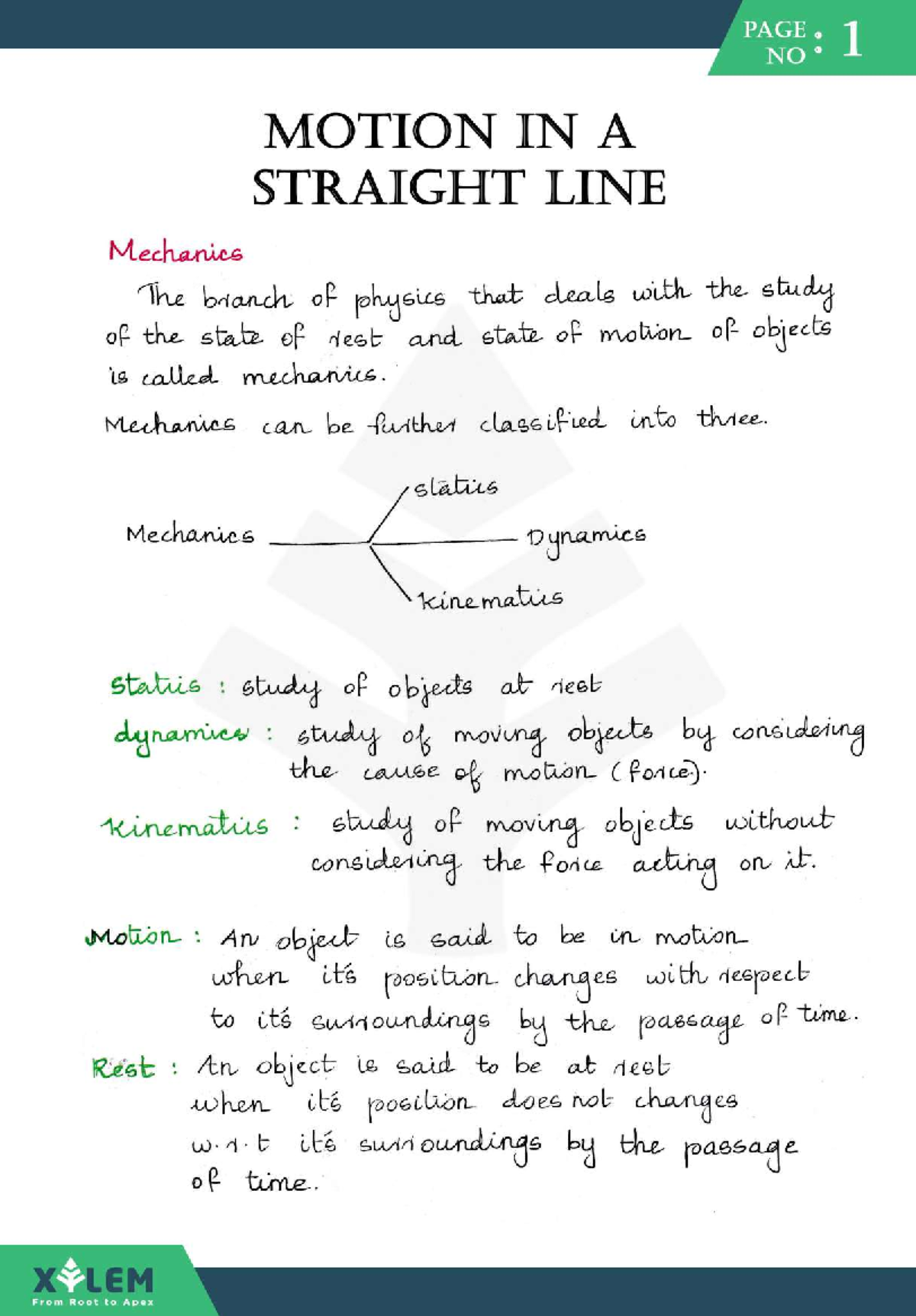 Mechanics: Motion in a Straight Line - Class 11 Notes - Studocu