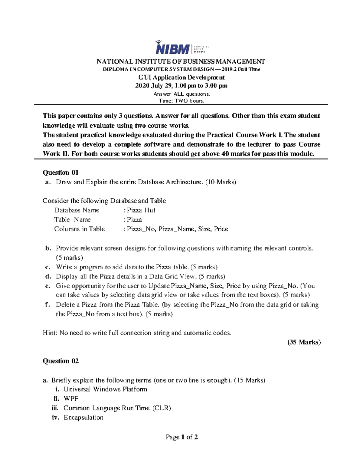 DCSD 19.2F Final Exam: GUI Application Development 2020 - Studocu