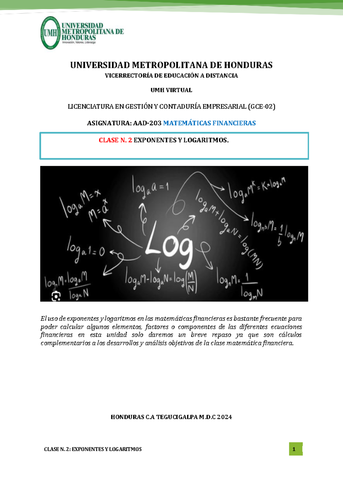 Clase N. 2: Exponentes y Logaritmos en Matemáticas Financieras - Studocu
