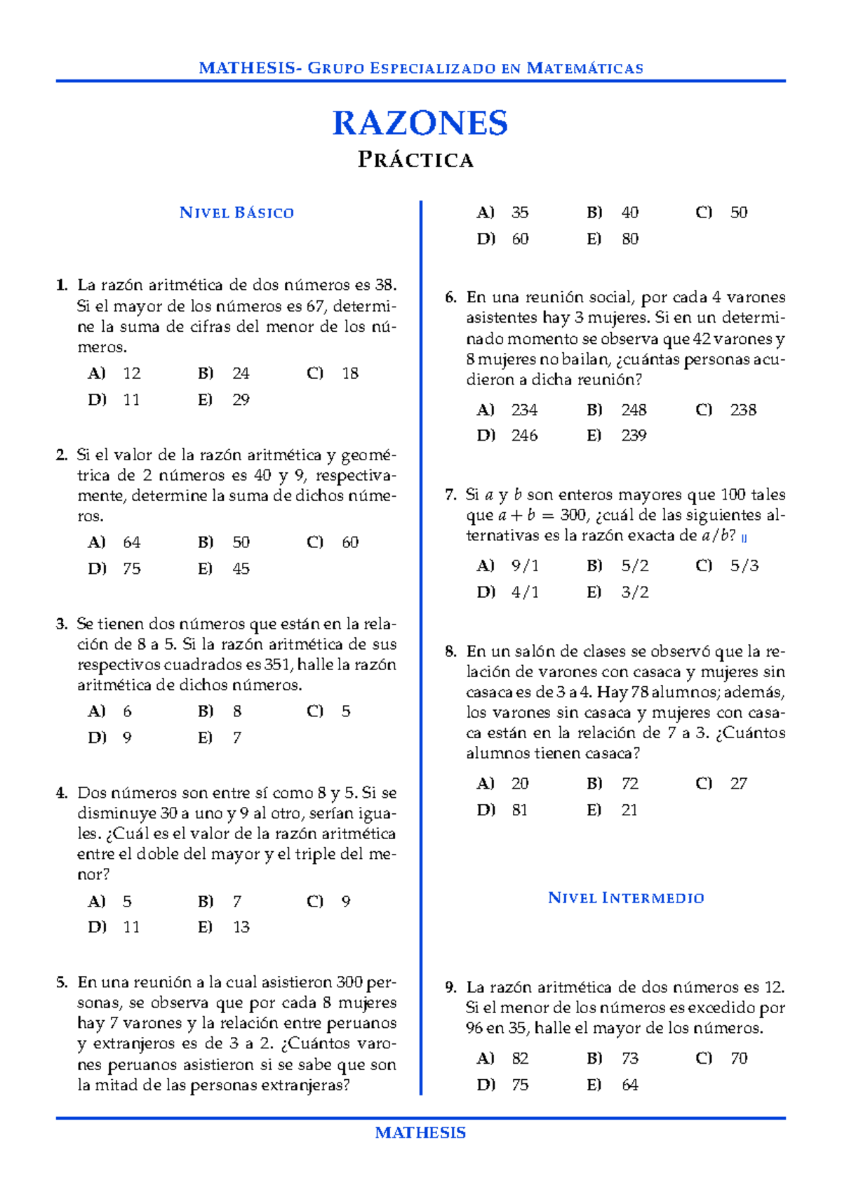 Ejercicios de Aritmética: Repaso de Primeros Temas MATHESIS - Studocu