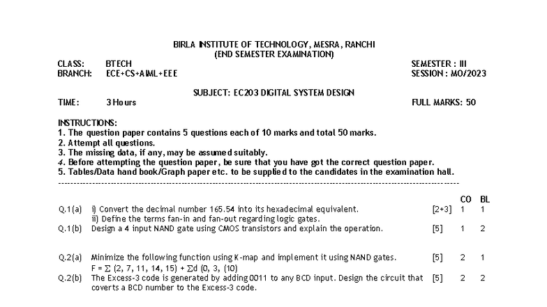 EC203 Digital System Design End Semester Exam MO23 - Studocu