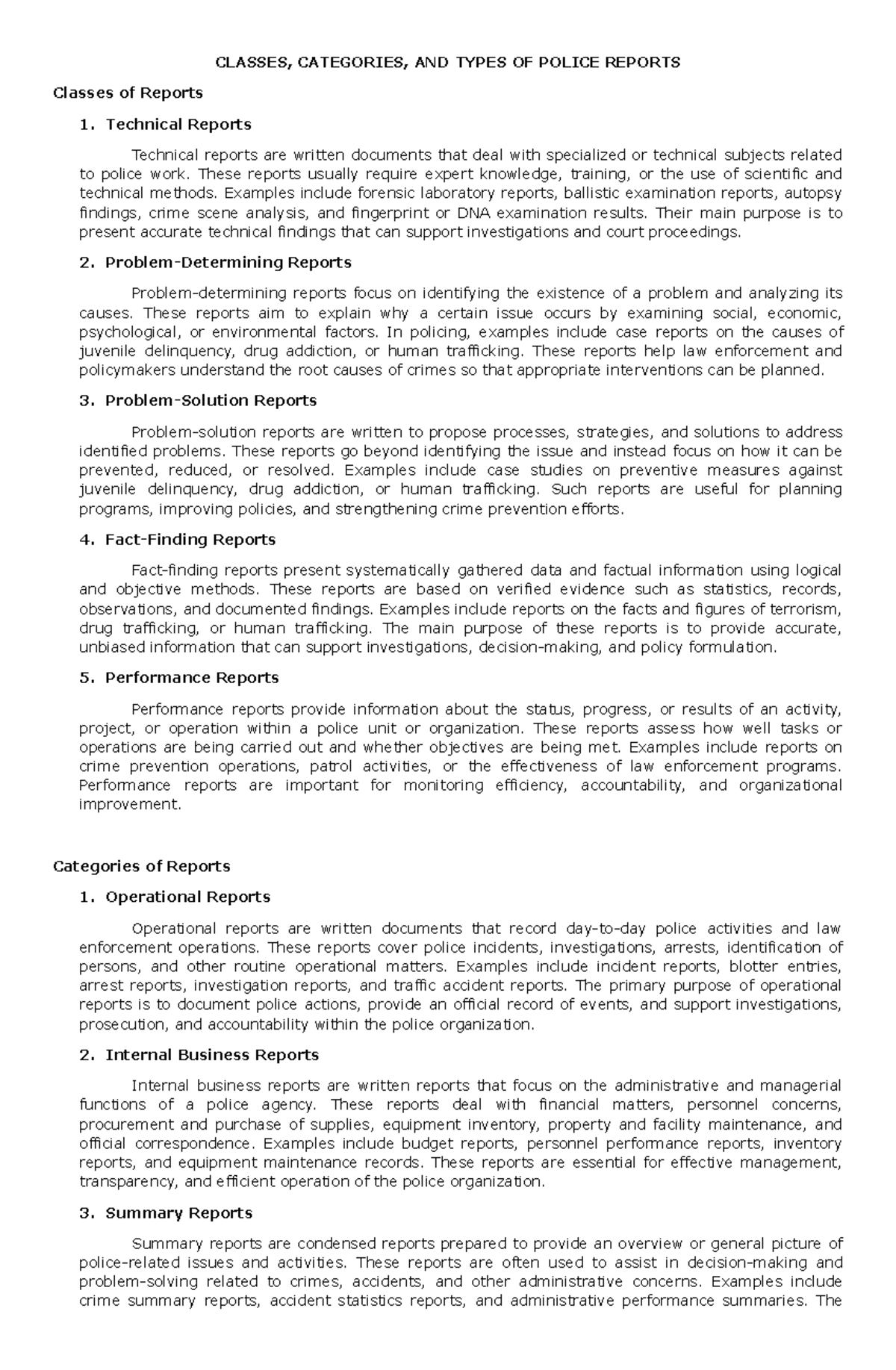 Classes of Police Reports: Types and Writing Guidelines - Studocu