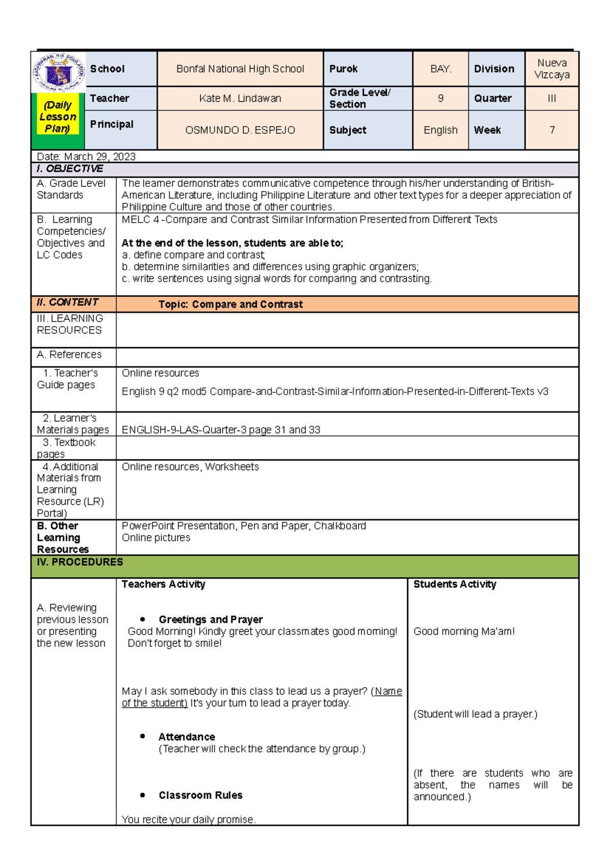 Kate M. Lindawan- A Detailed Lesson Plan (Compare and Contrast ...