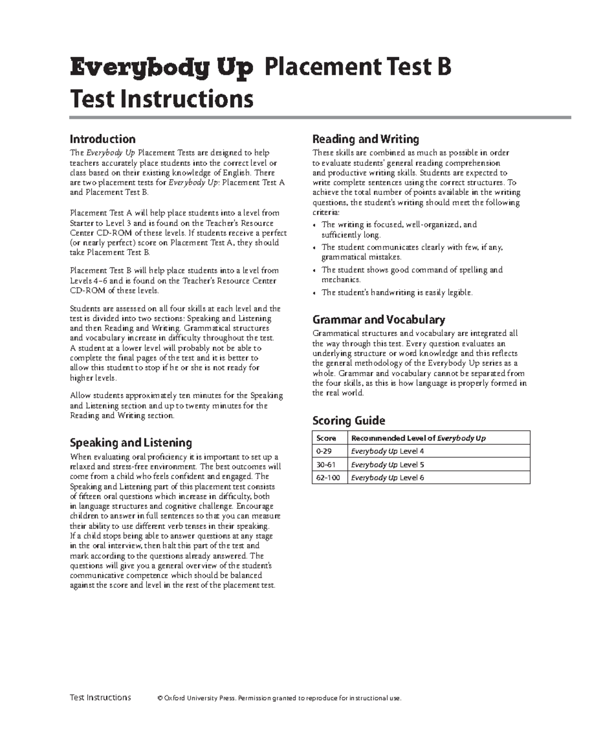 Everybody Up Placement Test B Instructions (Levels 4-6) - Studocu