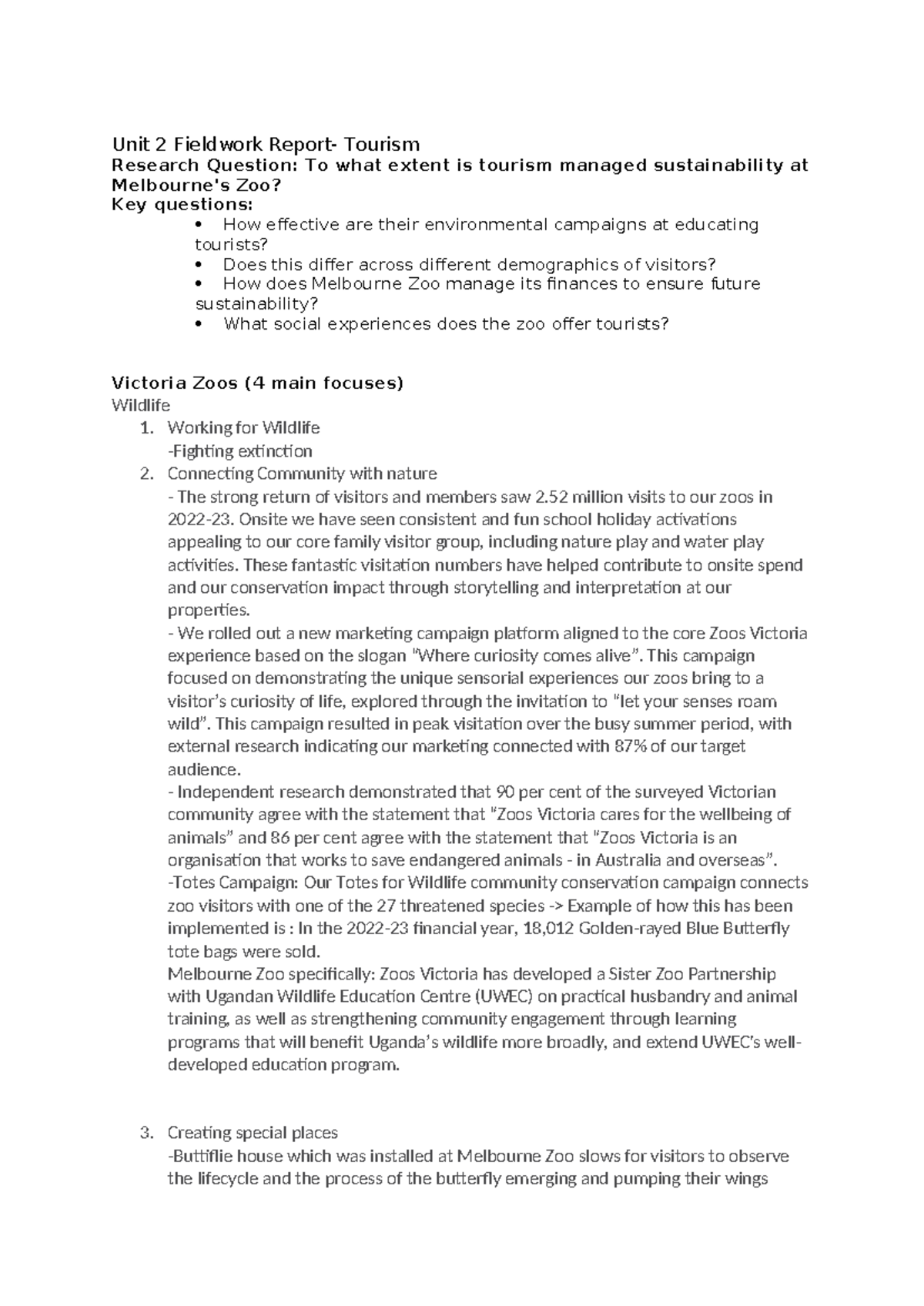 Unit 2 Fieldwork Report: Sustainable Tourism at Melbourne Zoo - Studocu