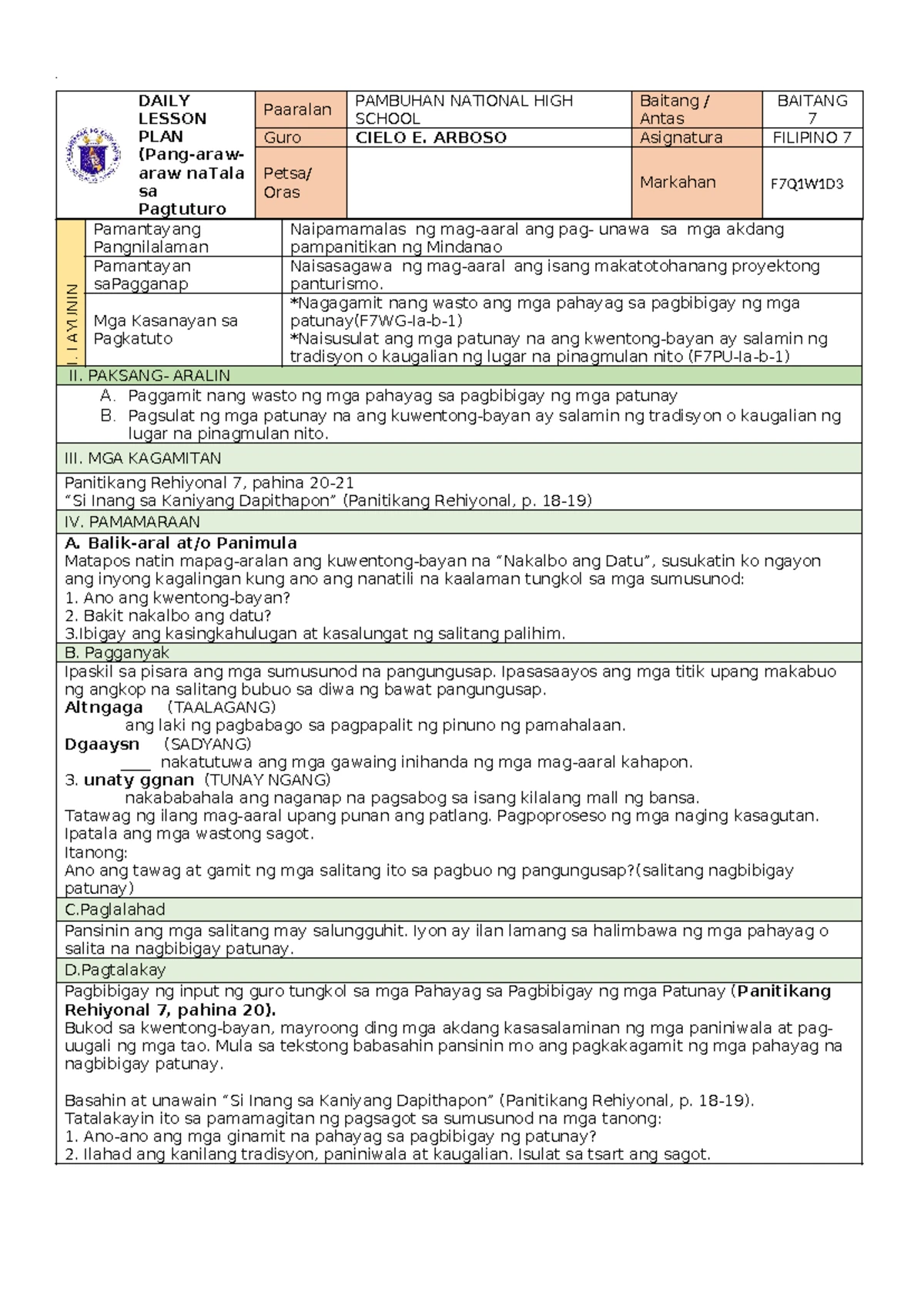 Q1 W2D2 - Filipino 7 Daily Lesson Plan on Fables and Morals - Studocu