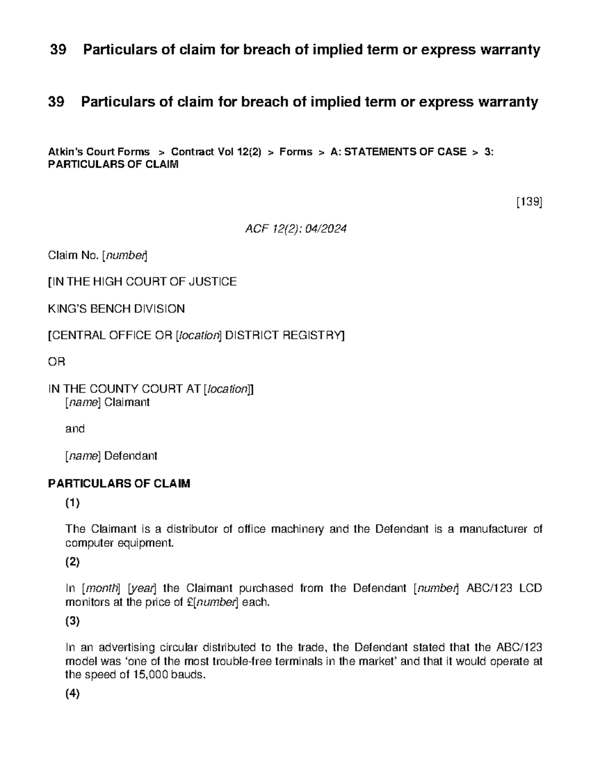 Particulars of Claim for Breach of Contract Implied Terms - ACF 12(2 ...
