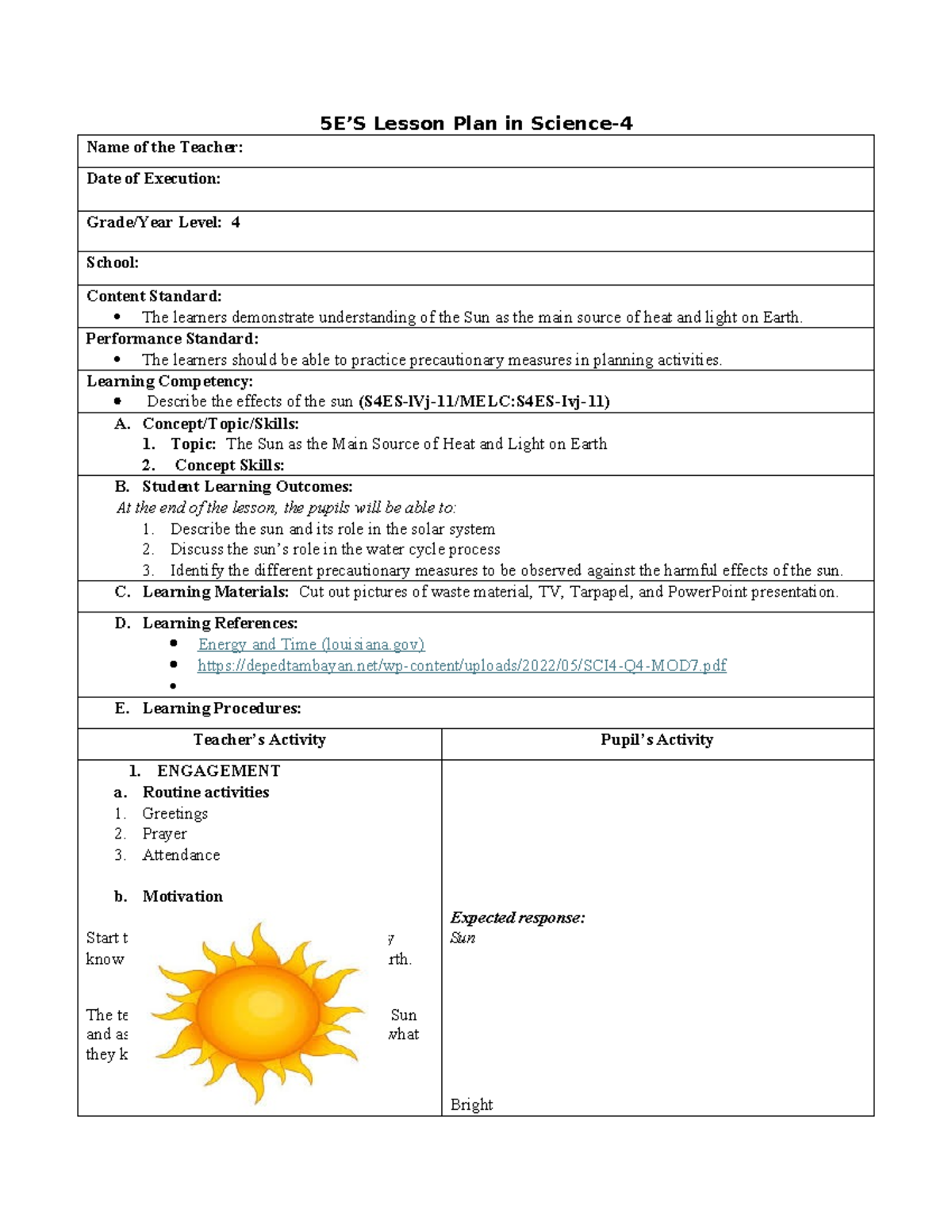 5E's Lesson Plan: Understanding the Sun's Role in Heat & Light (Grade 4 ...