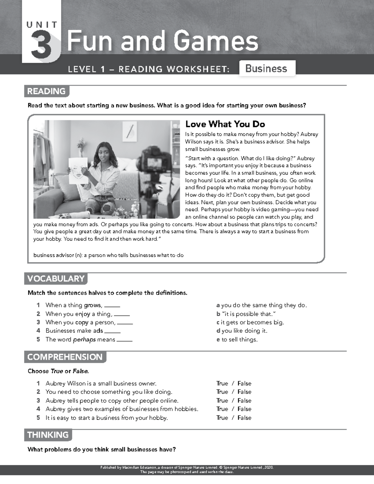 Level 1 SYM 1 U03 Reading Worksheets: Starting a Business & Events ...