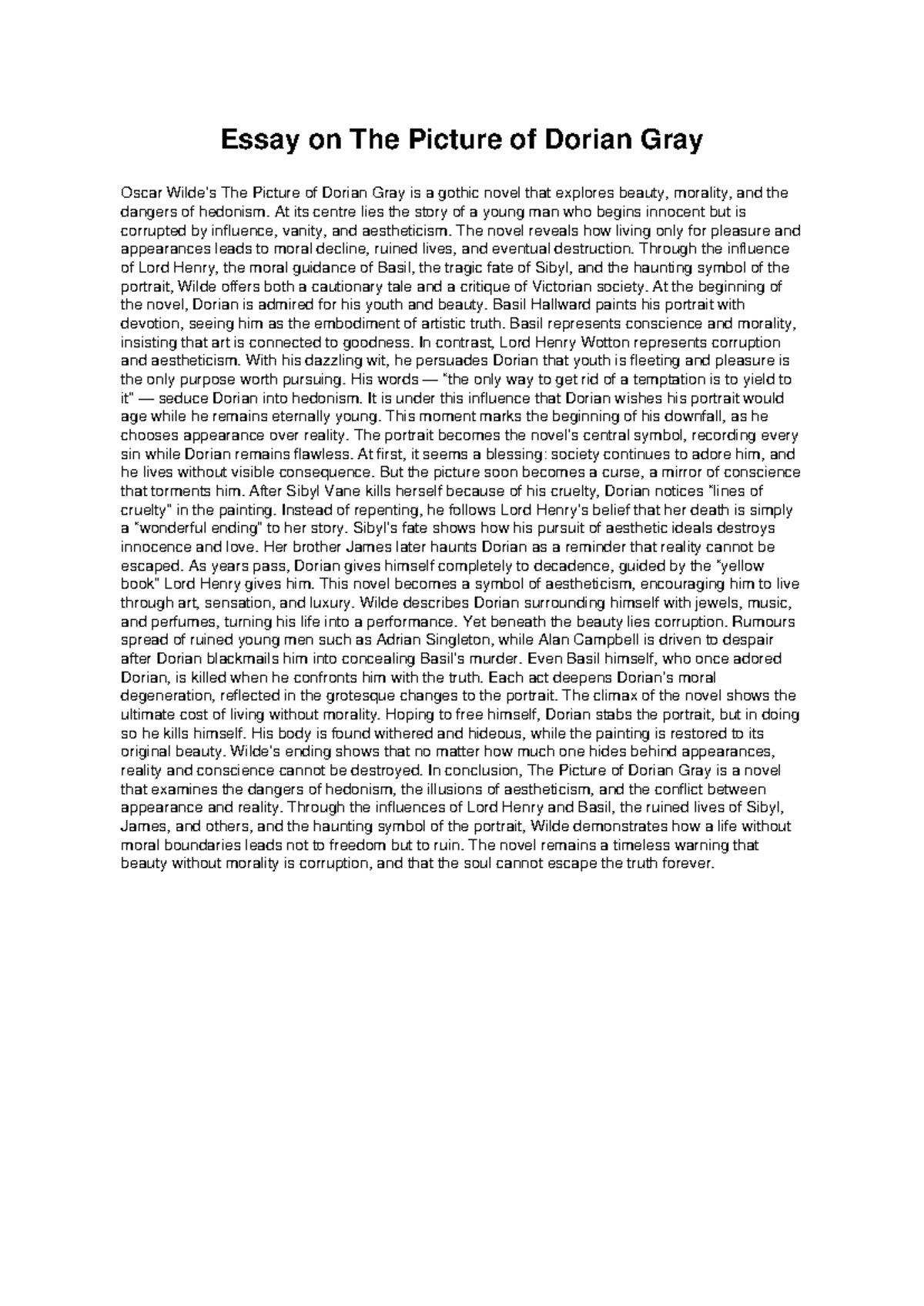 Essay on The Picture of Dorian Gray (ENG 101) - Studocu