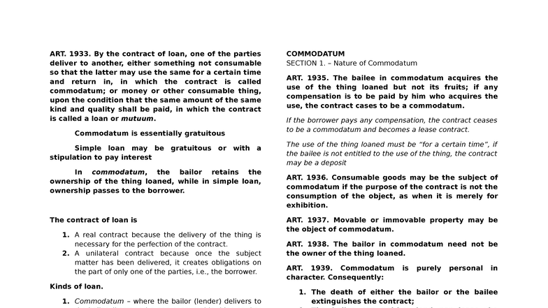 ART. 1933-1957: Understanding Loans - Commodatum & Mutuum - Studocu
