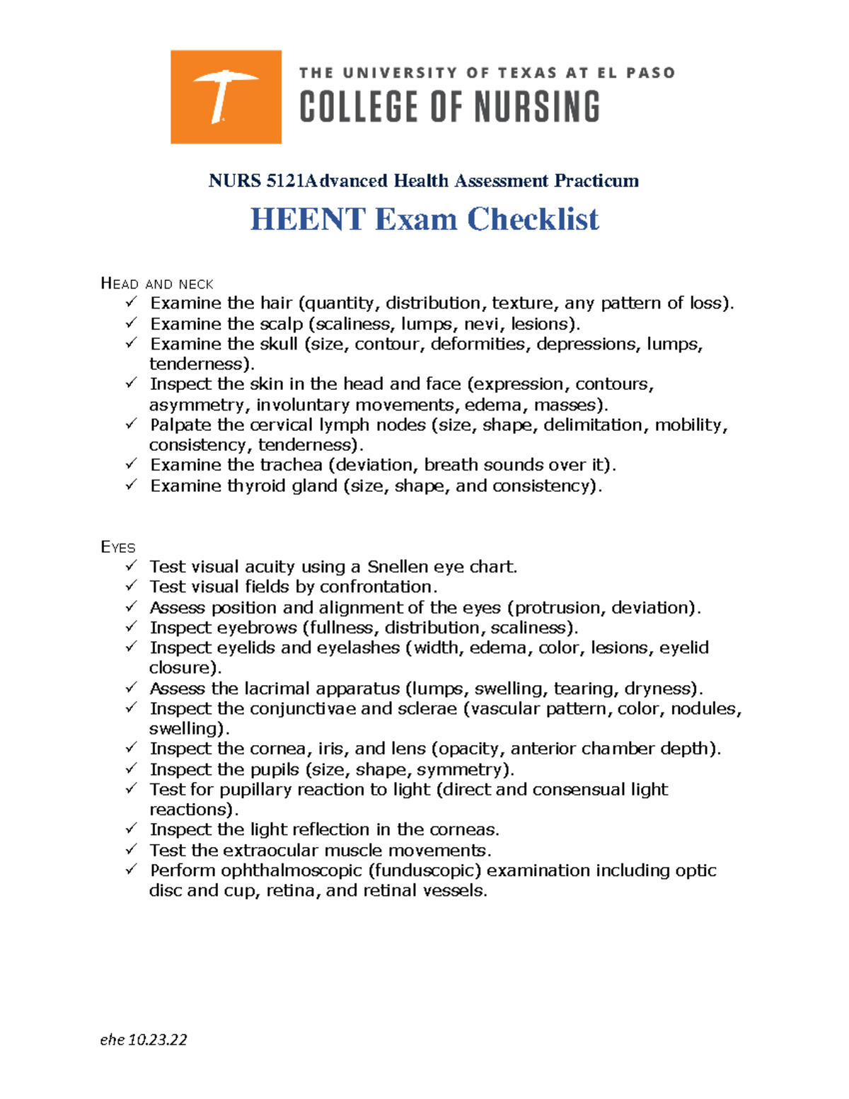 Heent Exam Checklist - ehe 10. NURS 5121Advanced Health Assessment ...