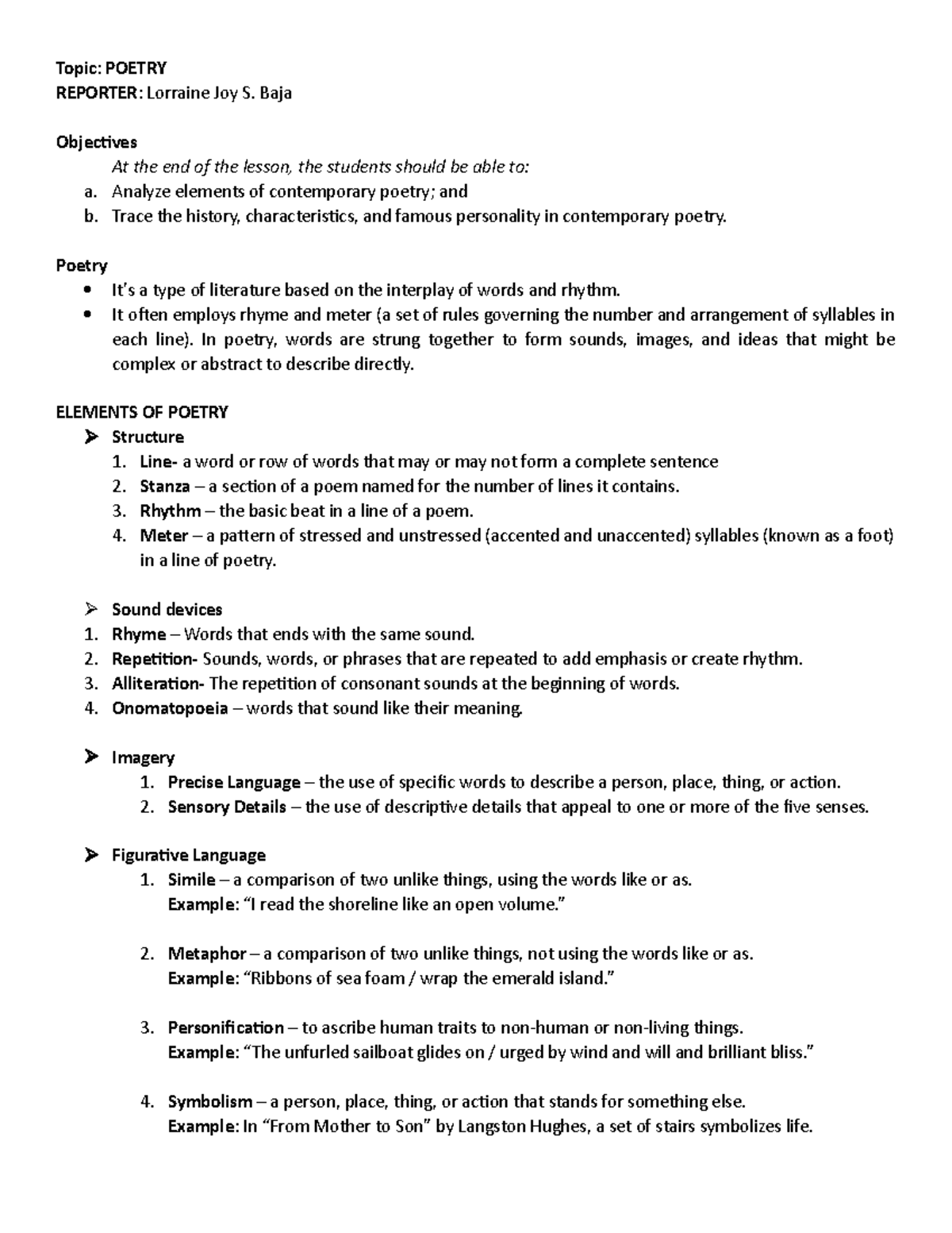 POET 101: Outline of Poetry Elements and Analysis - Studocu