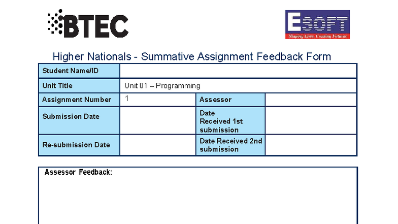 BTEC HND Computing Unit 01: Programming Assignment Feedback Form - Studocu
