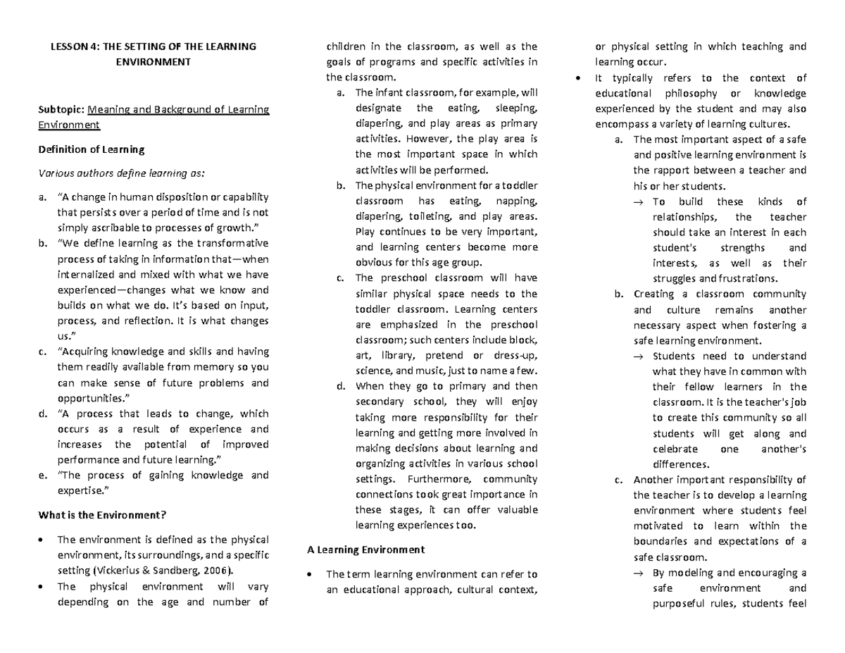 Lesson 4: Understanding the Learning Environment Setup - Studocu