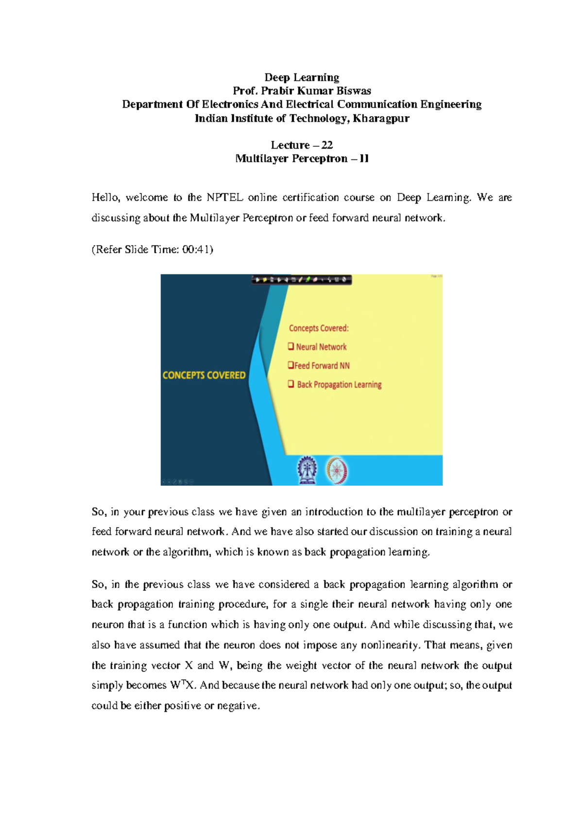 Lec22 - NPTEL Deep Learning Notes: Multilayer Perceptron II - Studocu