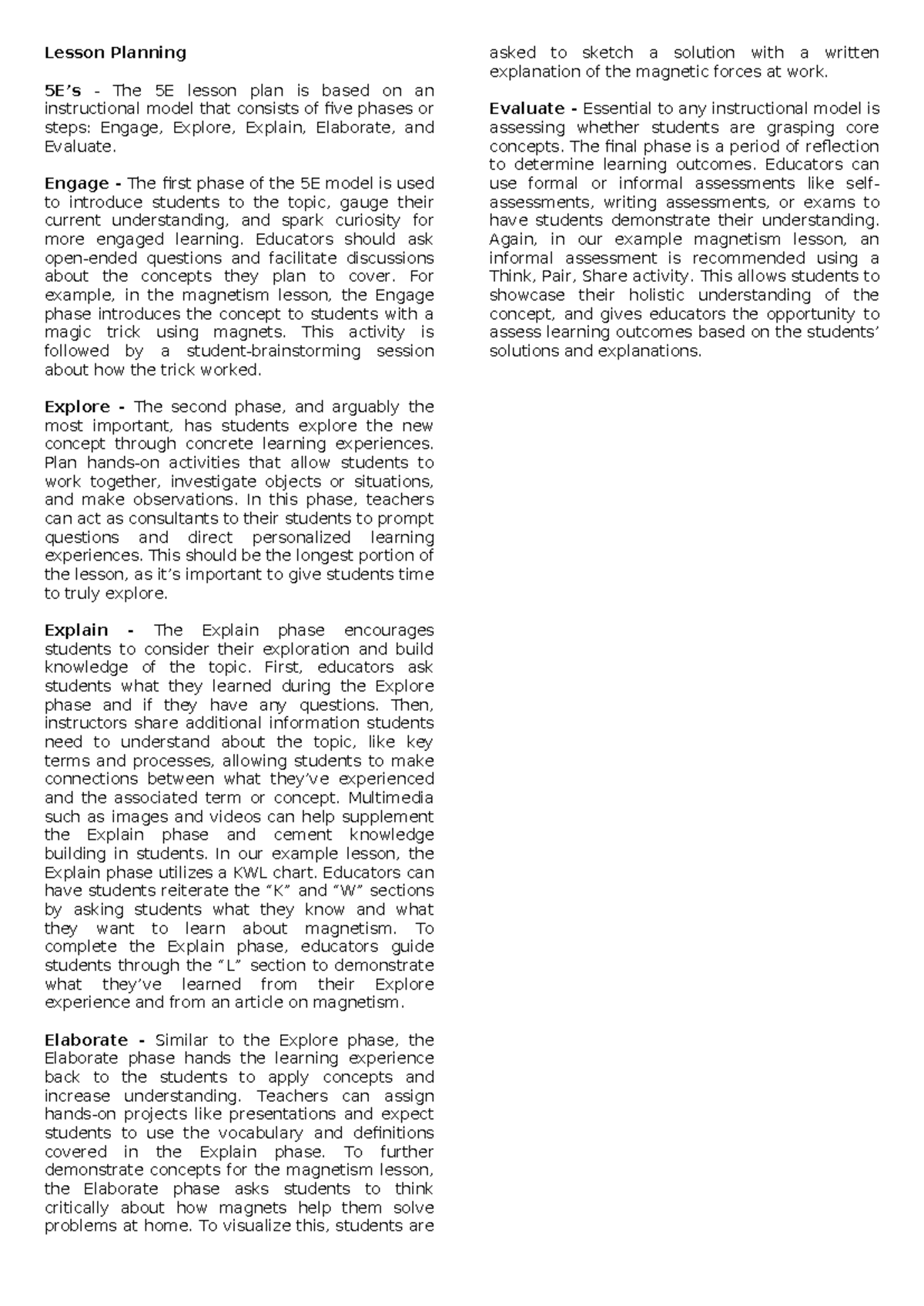 5E's LP Lesson Planning Notes - Comprehensive Guide - Studocu