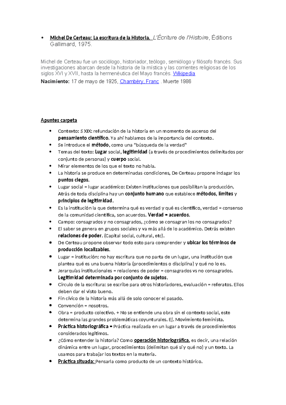 Apuntes sobre "La escritura de la Historia" de Michel De Certeau - Studocu