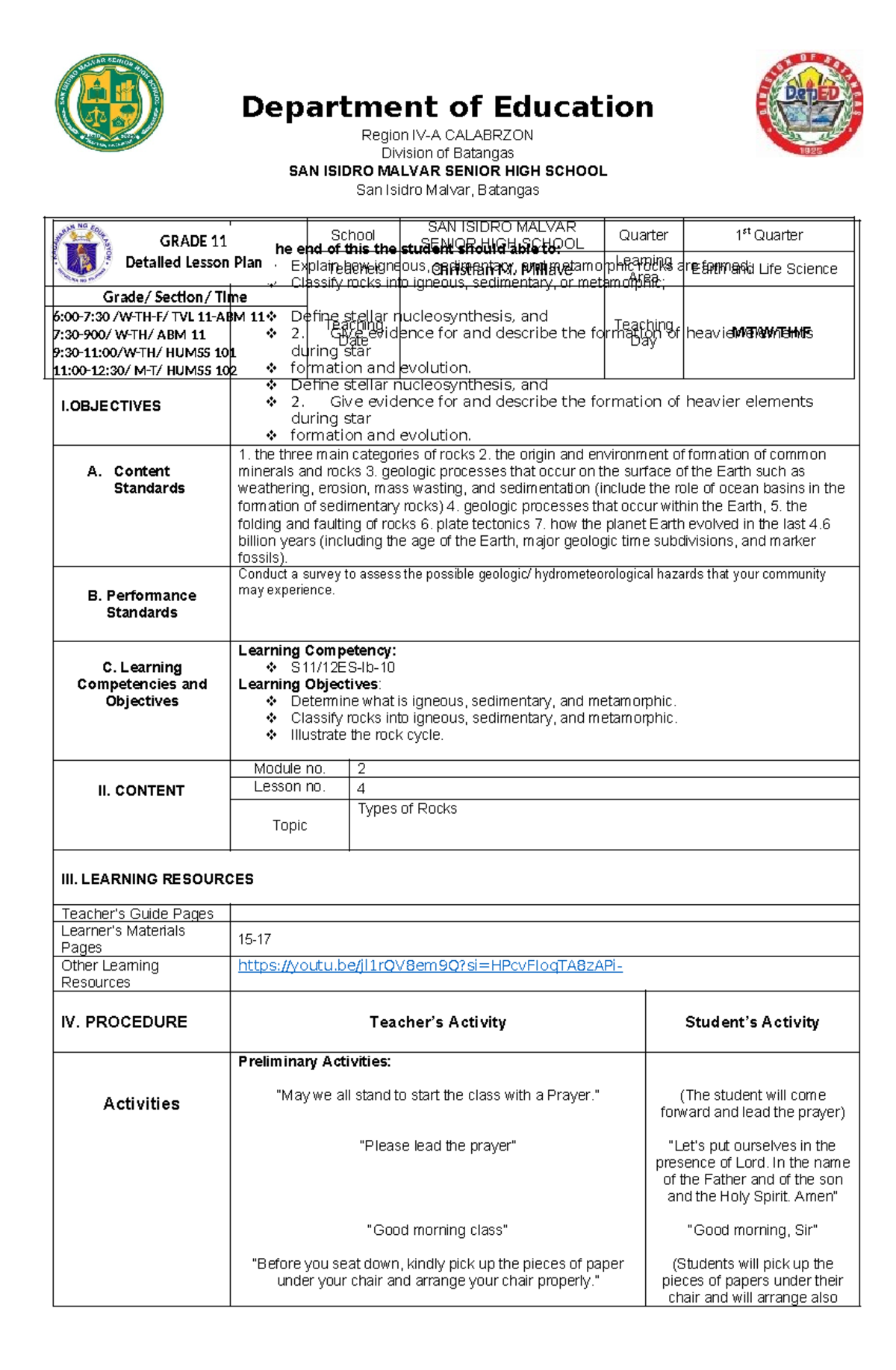 Earth and Life Sciences: Types of Rocks Lesson Plan (TVL 11) - Studocu