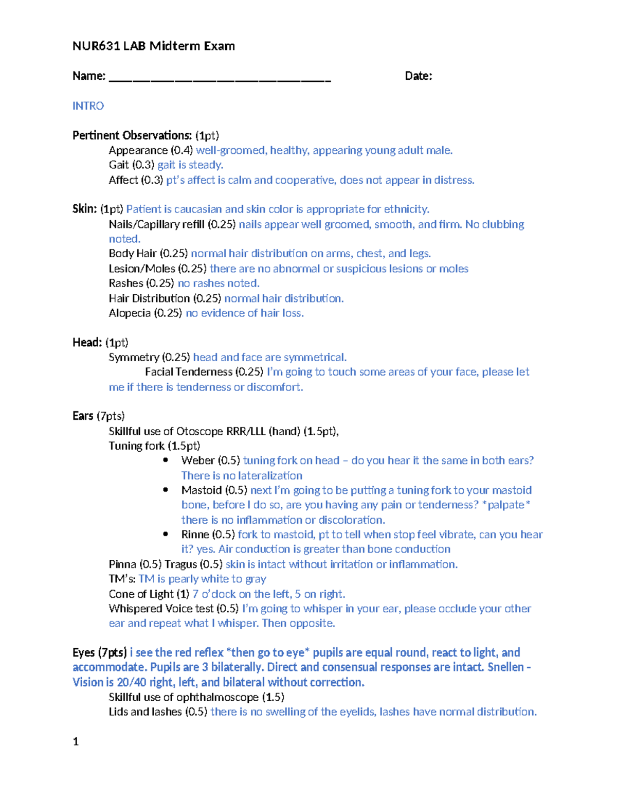 NUR631 LAB Midterm Exam: 1st Assessment Script and Observations - Studocu