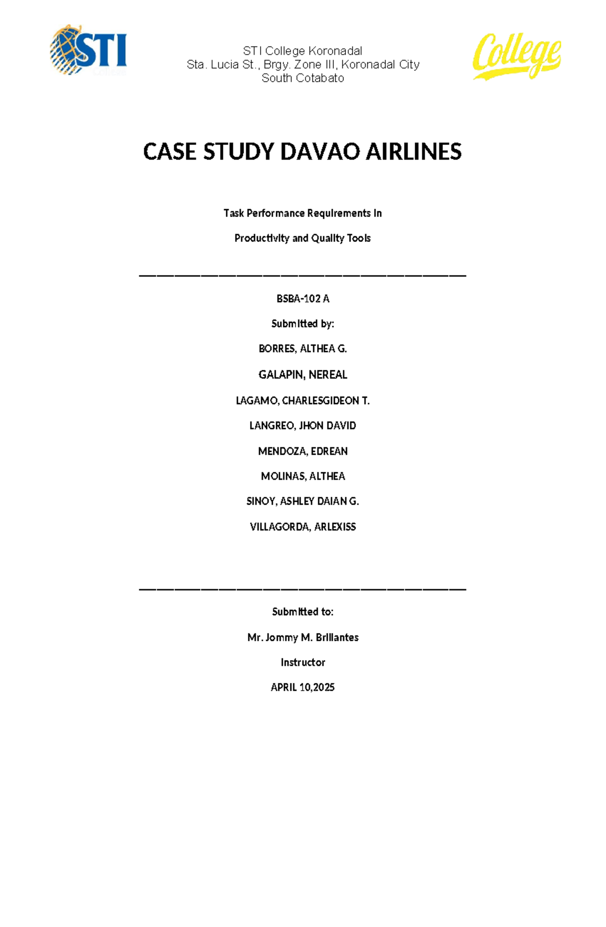 Case Study BSBA-102 A: Davao Airlines' Productivity Tools Analysis ...