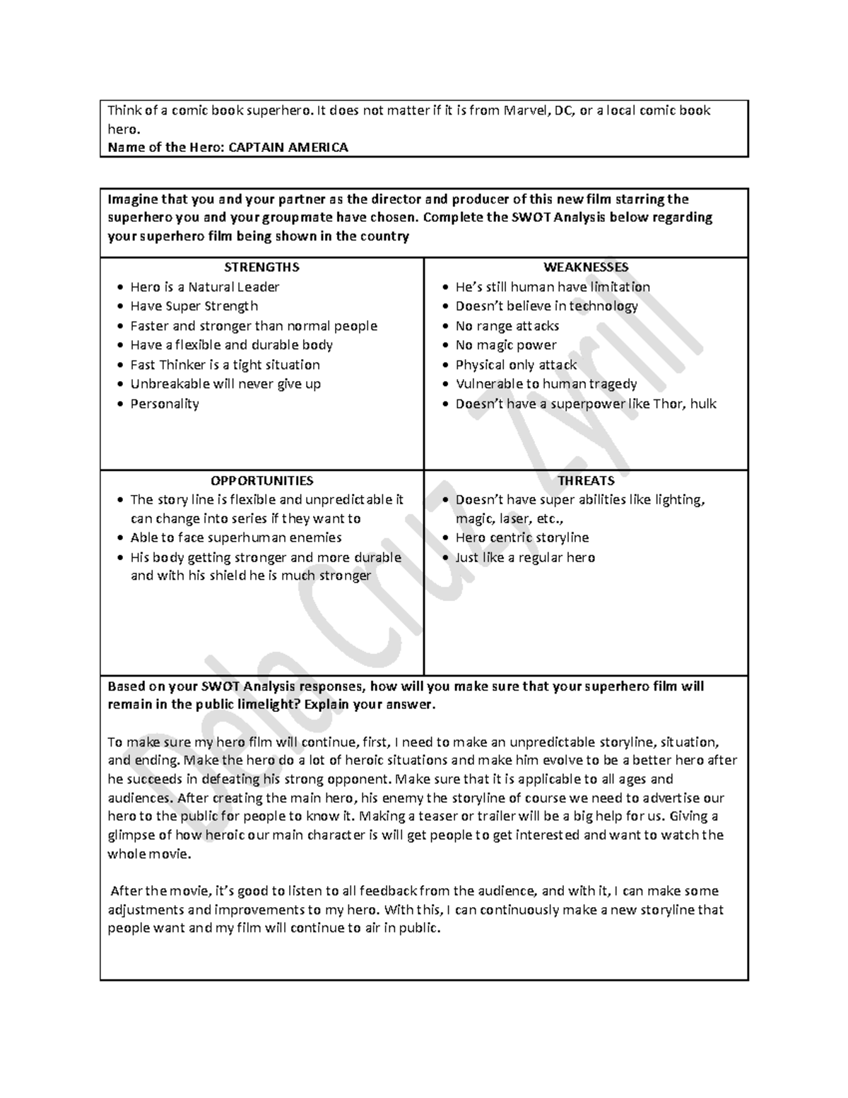 05 Activity 1: SWOT Analysis for Captain America Superhero Film - Studocu