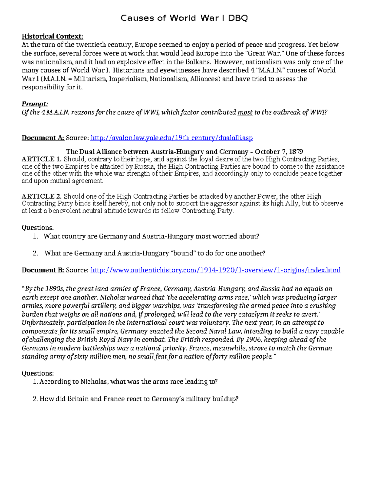 DBQ: Analyzing the M.A.I.N. Causes of World War I - Studocu