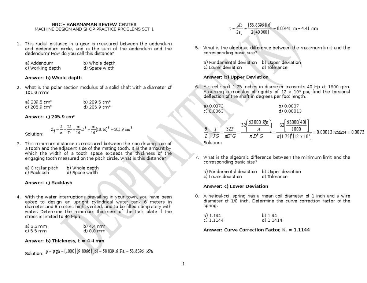 MDSP - Machine Design and Shop Practice Problems Set 1 - Studocu