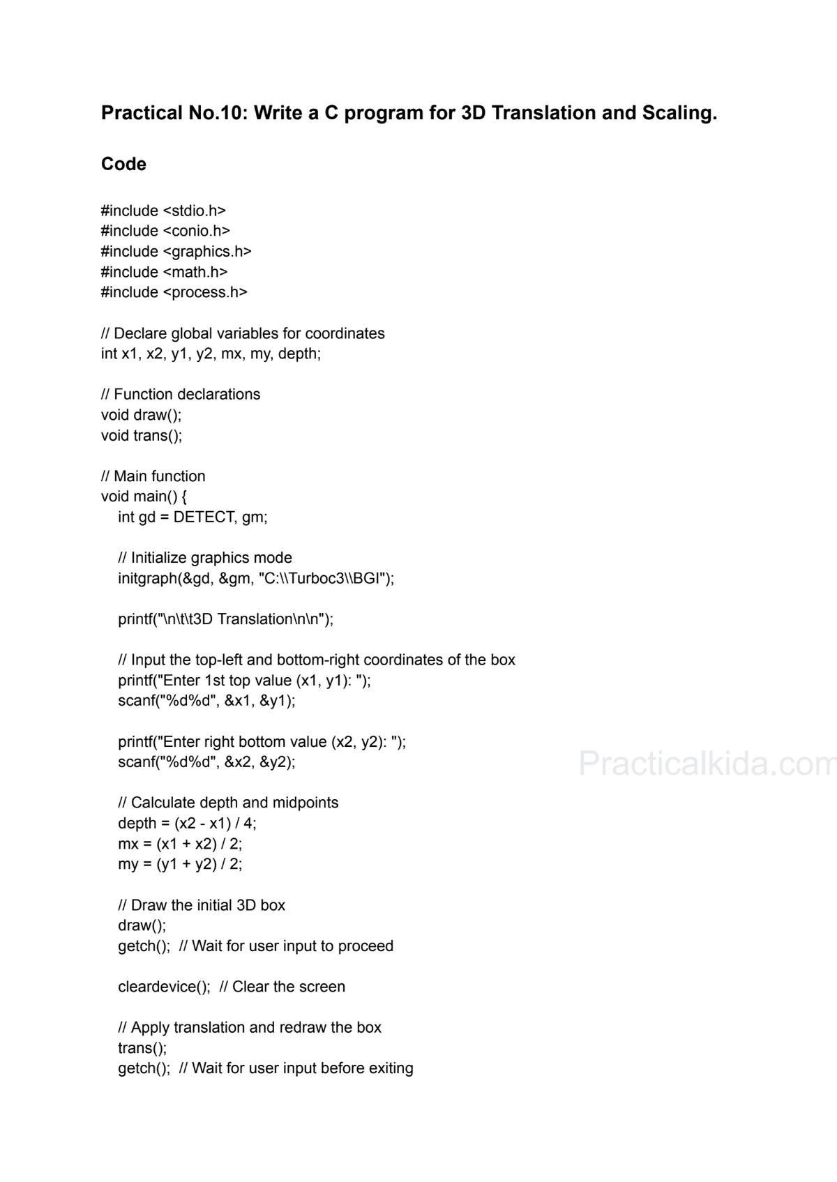 Practical No. 10: C Program for 3D Translation & Scaling - Studocu