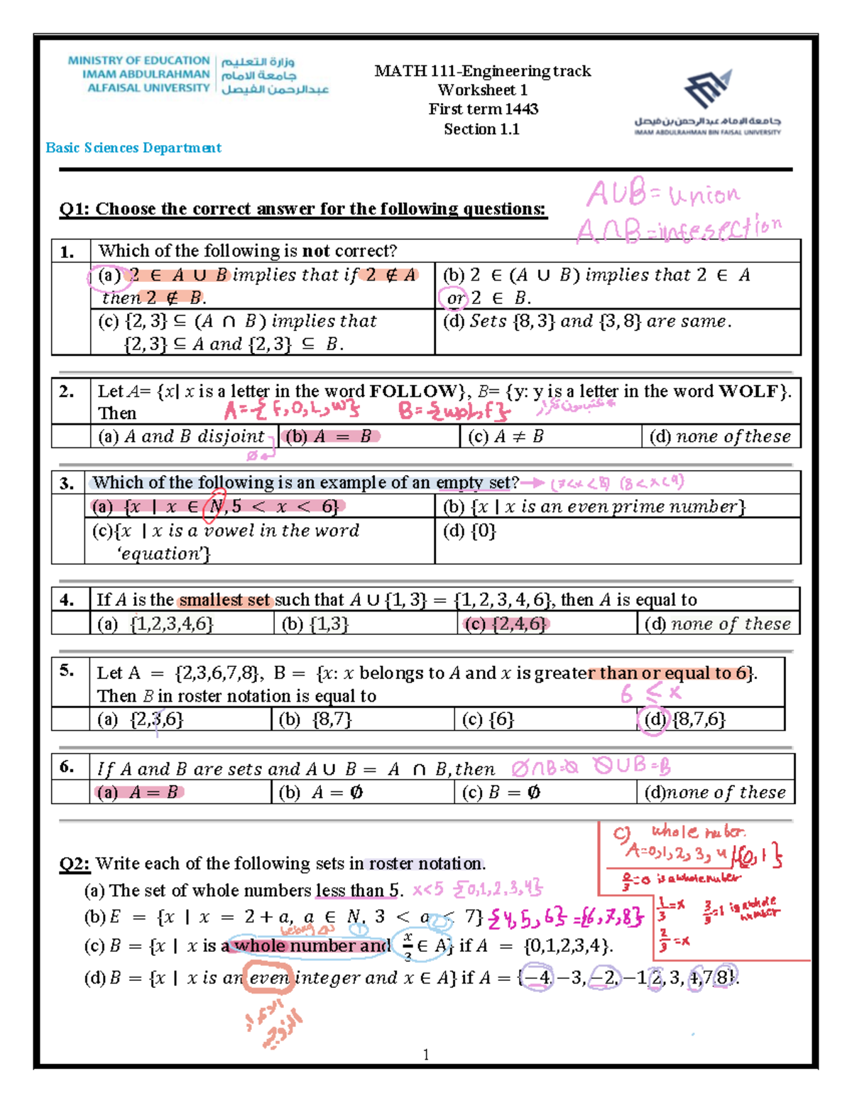 MATH 111 - Worksheet 1: Practice Questions & Set Theory Concepts - Studocu