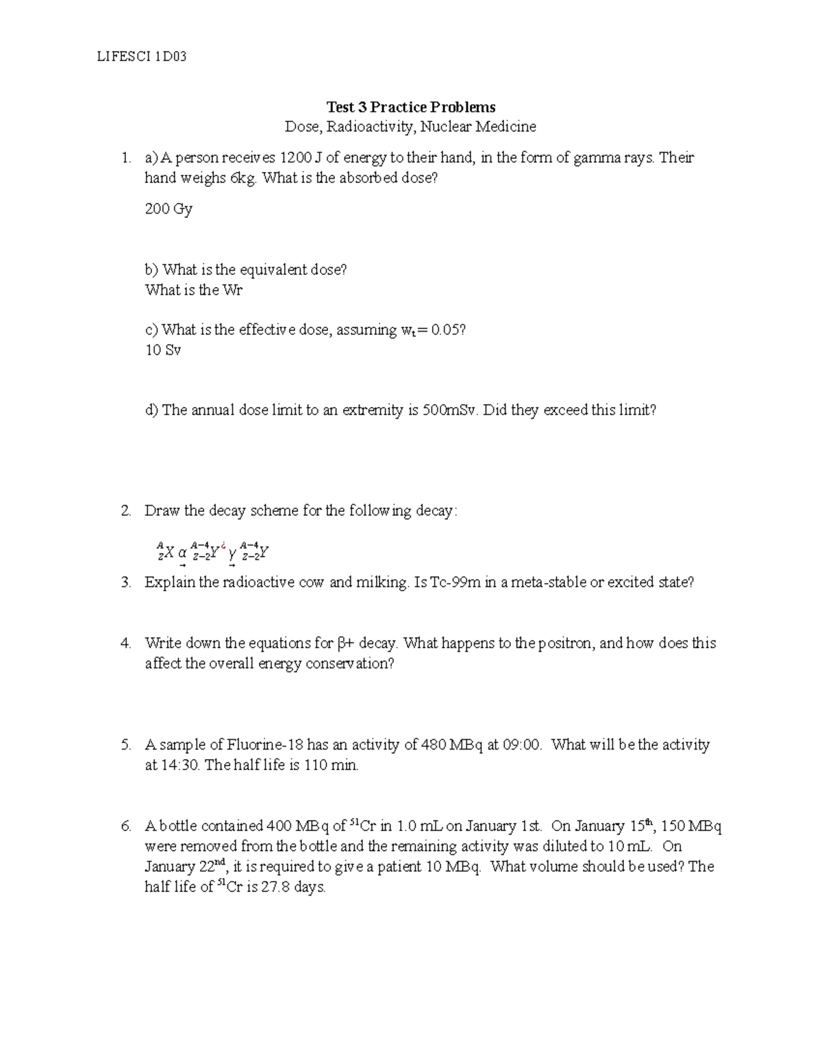 LIFESCI 1D Test 3 Practice Problems: Radioactivity and Doses - Studocu