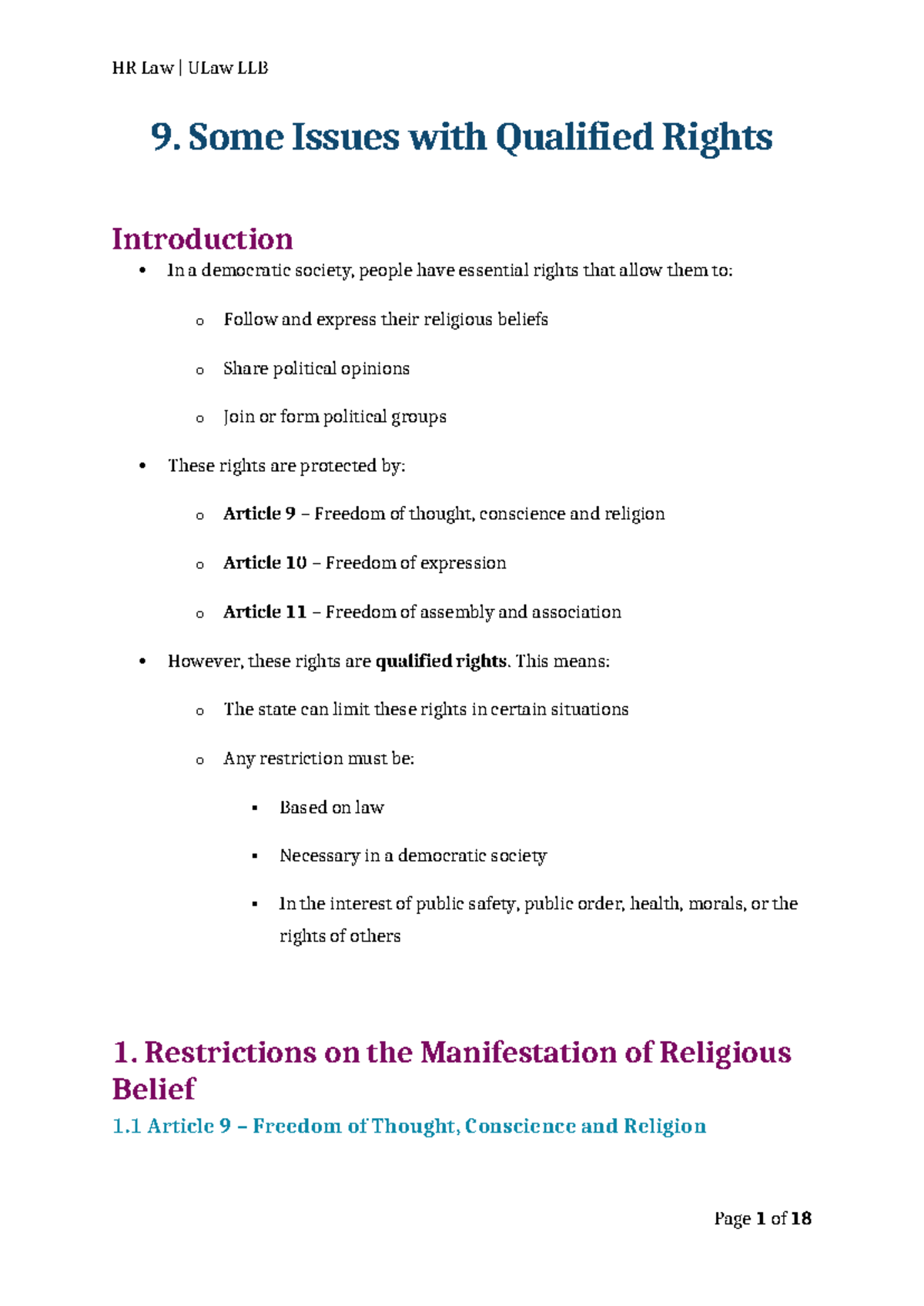 HR Law ULaw LLB 9 - Qualified Rights: Key Issues and Case Studies - Studocu