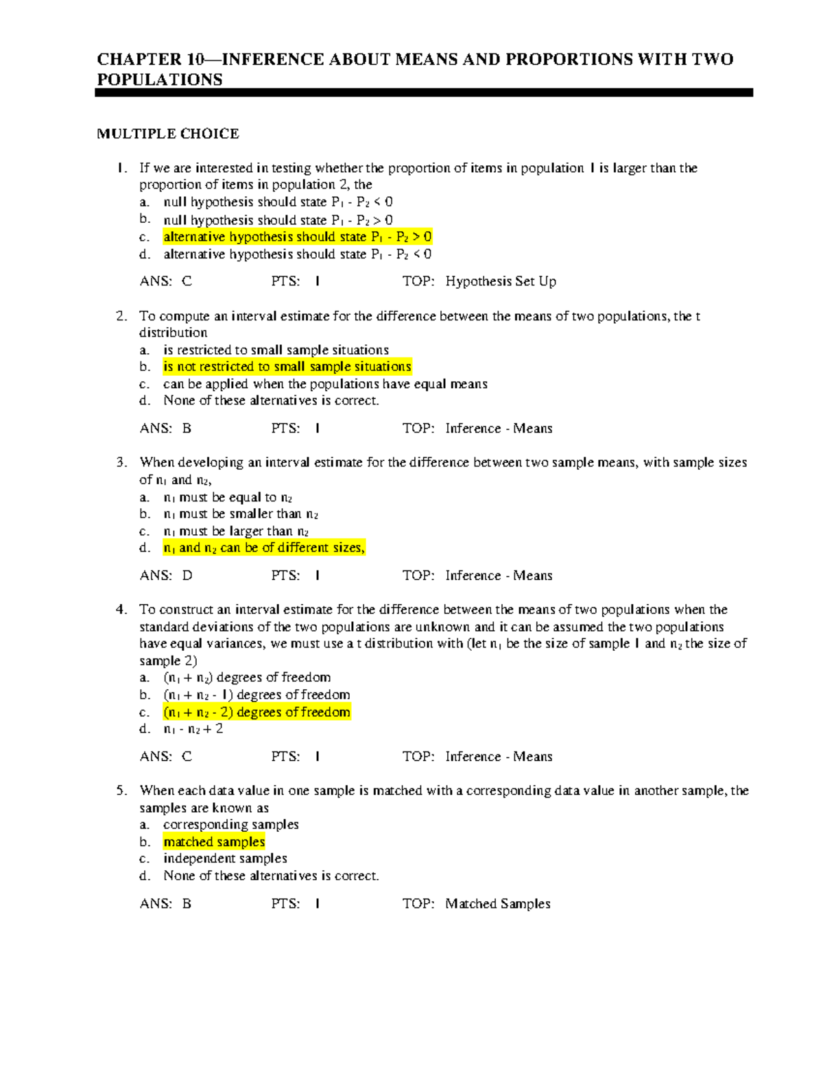 Chapter 10 - Inference About Means & Proportions with Two Populations ...