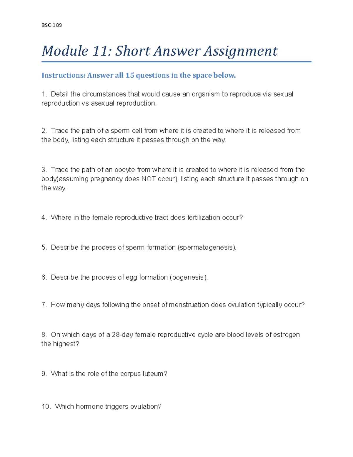 BSC 109 Module 11: Short Answer Assignment Details and Questions - Studocu