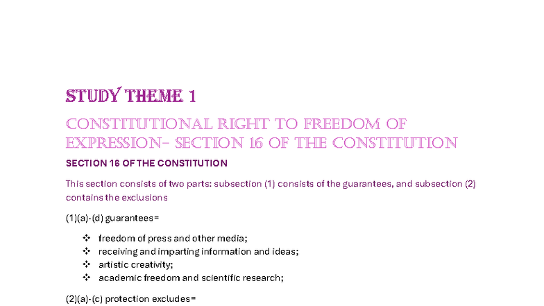 STUDY THEME 1: CONSTITUTIONAL RIGHT TO FREEDOM OF EXPRESSION - Studocu