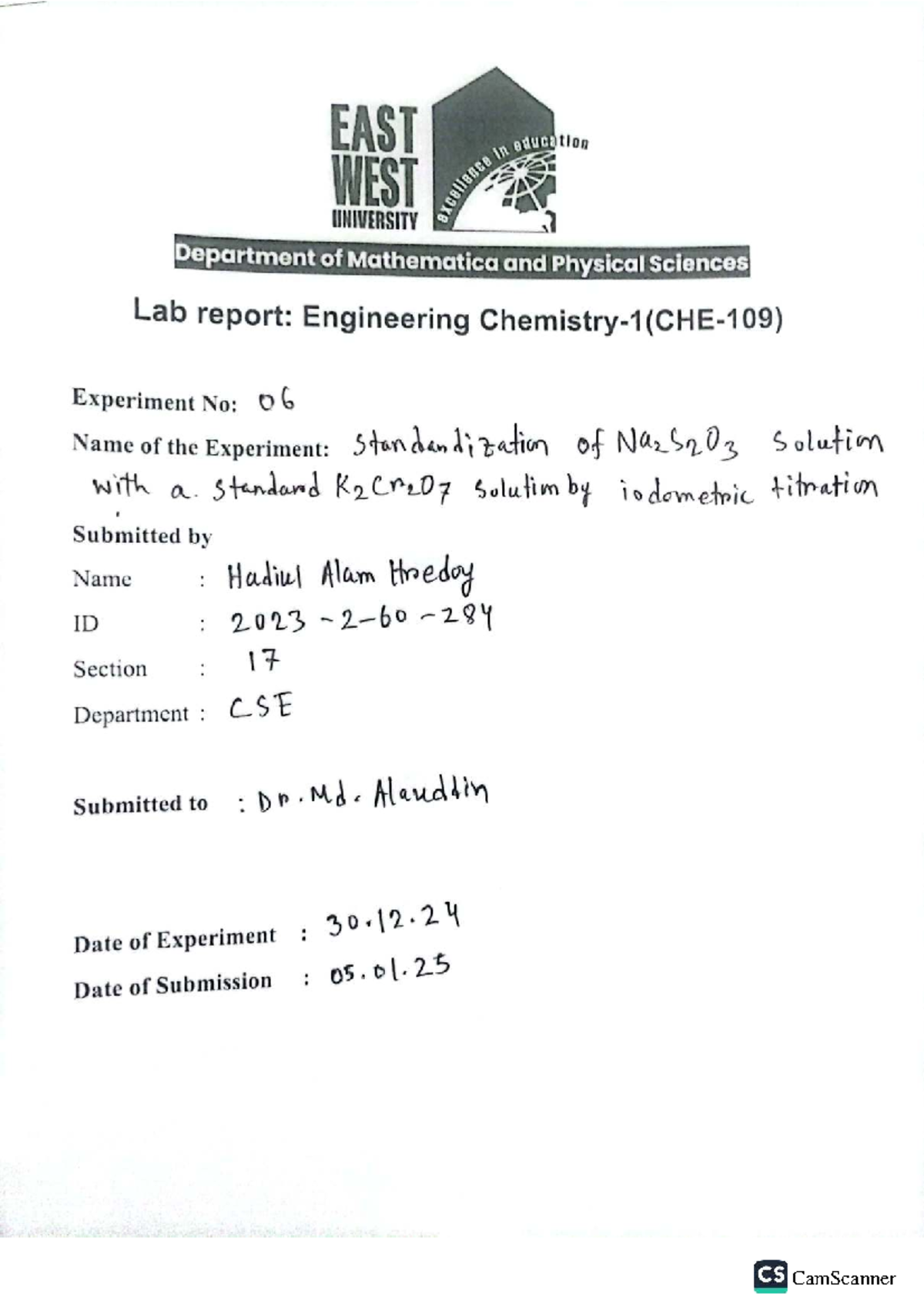CHE 109 Lab Report: Standardization of Na2S2O3 with K2Cr2O7 - Studocu