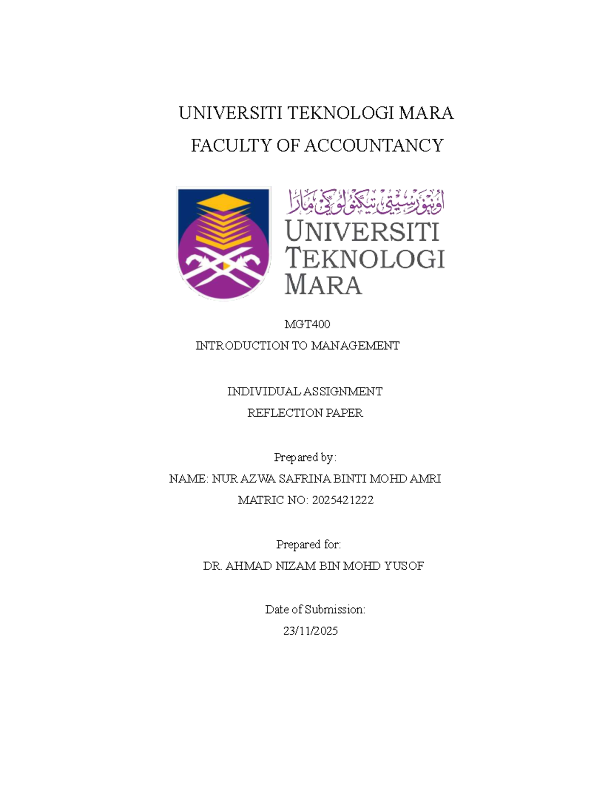 MGT400 Individual Assignment Reflection on Management Learnings - Studocu