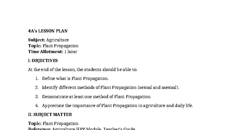 AGRI 101: Lesson Plan on Plant Propagation Techniques - Studocu